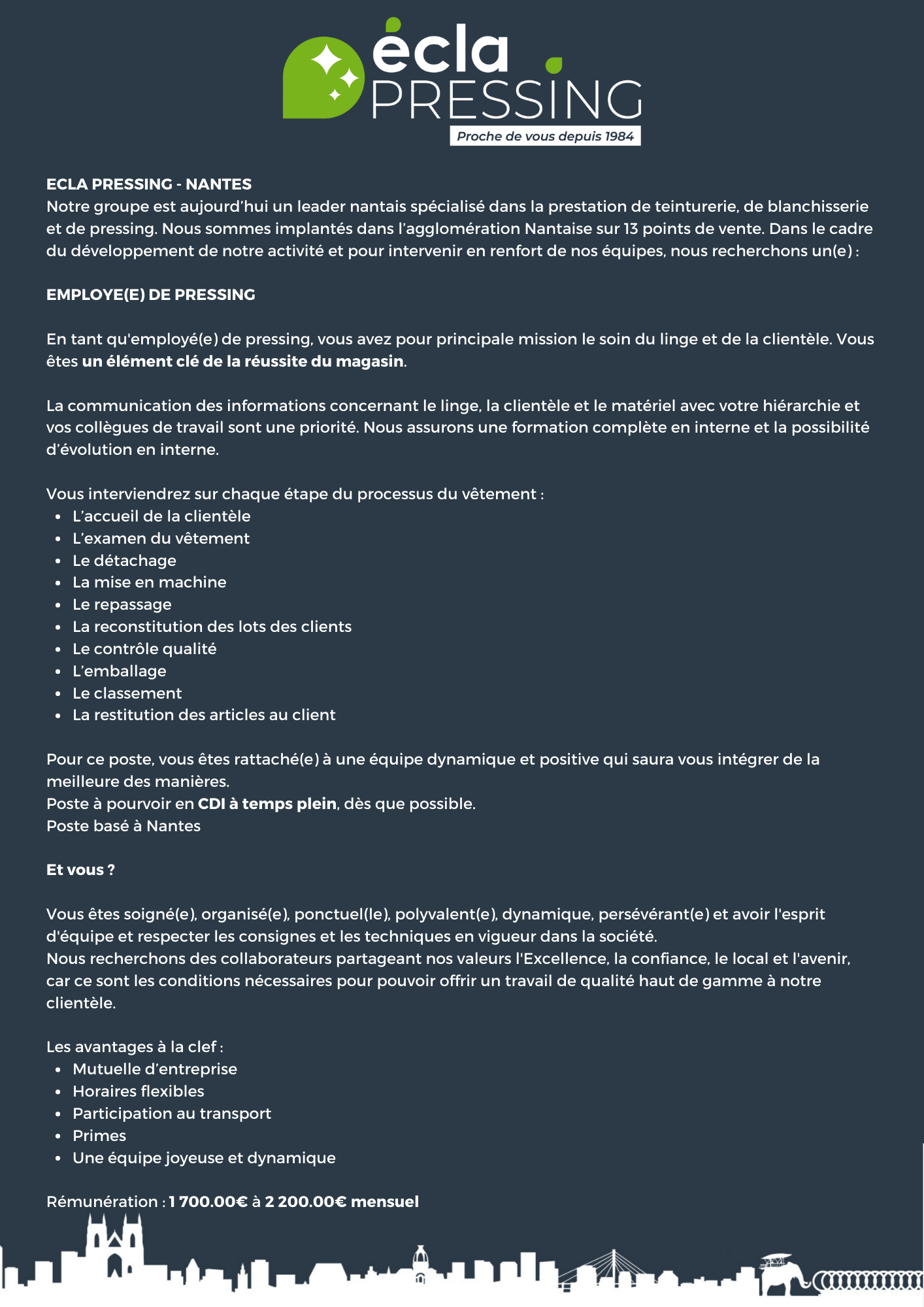 Offre d'emploi - Ecla Pressing - Pressings à Nantes